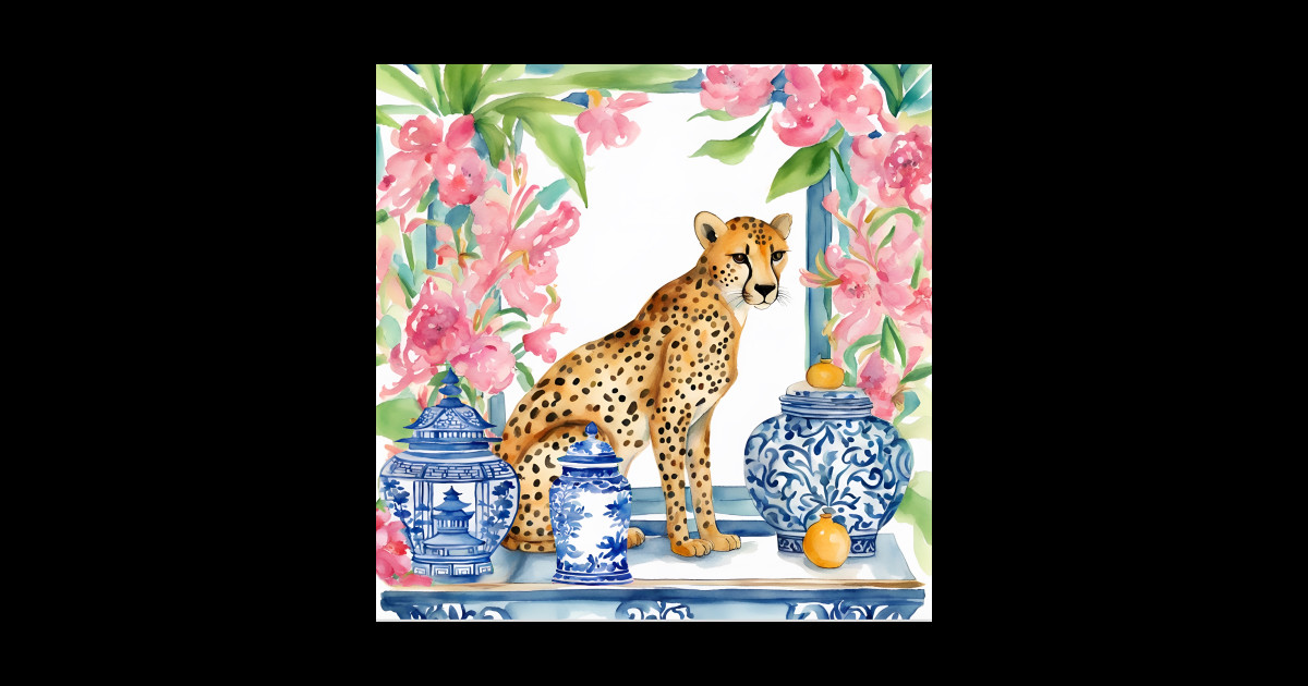 Preppy cheetah and chinoiserie jars watercolor - Preppy - Sticker ...
