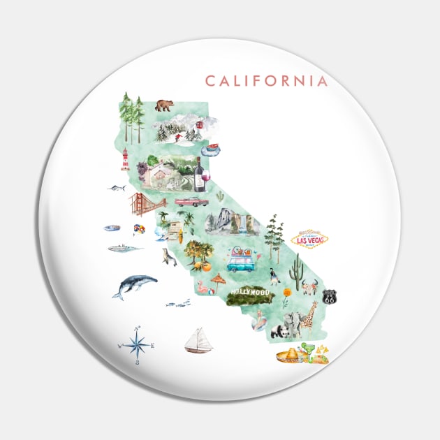 Illustrated Map of California - California Map - Pin | TeePublic