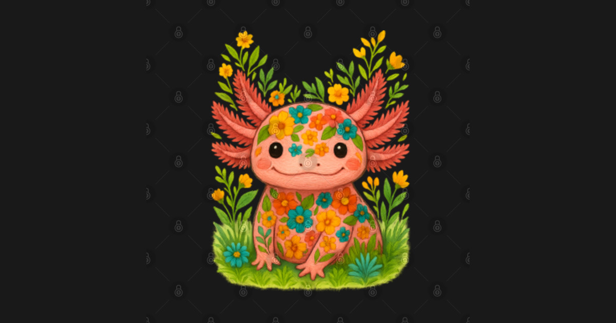 Floral Axolotl Cute Smiling Water Creature with Flowers - Floral ...