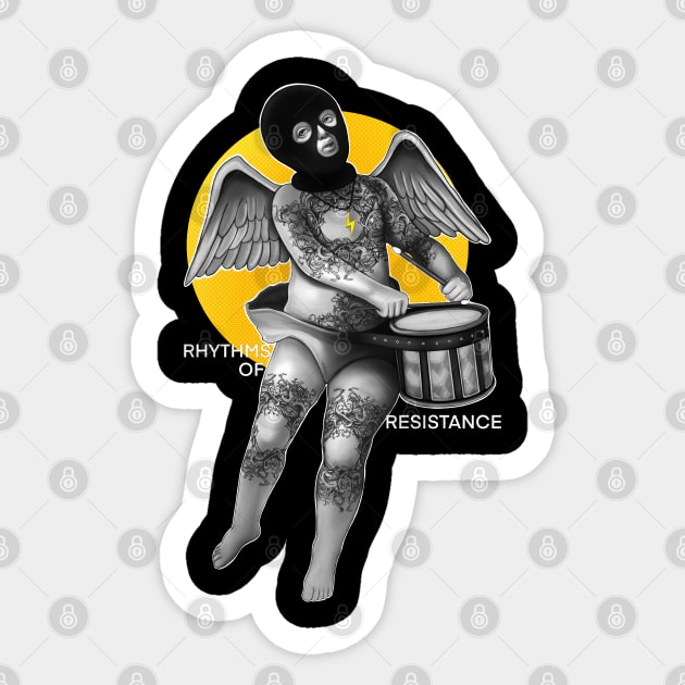 Tattoed riot angel with drum Rhythms of resistance - Riot - Sticker ...