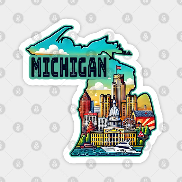Michigan USA Skyline Landmarks State Map - Vibrant Michigan Art ...