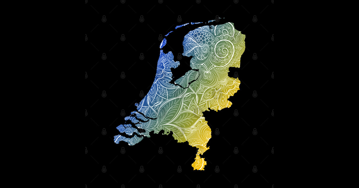 Colorful mandala art map of Netherlands with text in blue and yellow ...