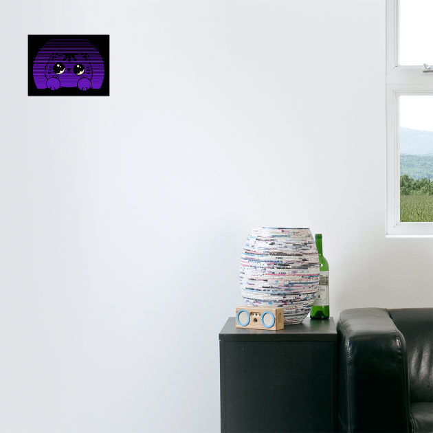 Purple sunset and cat - Purple Retro Sunset Cute Black Cat - Posters ...