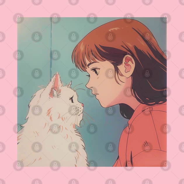 Retro Anime Girl And Cat Vintage Art 70s 80s 90s - Anime Cat Girl - Pin ...