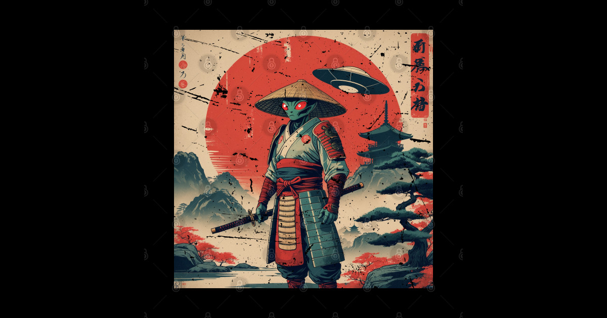 UFO Samurai Alien Japan Vintage Graphic Style Ukiyo-e Art - Alien ...