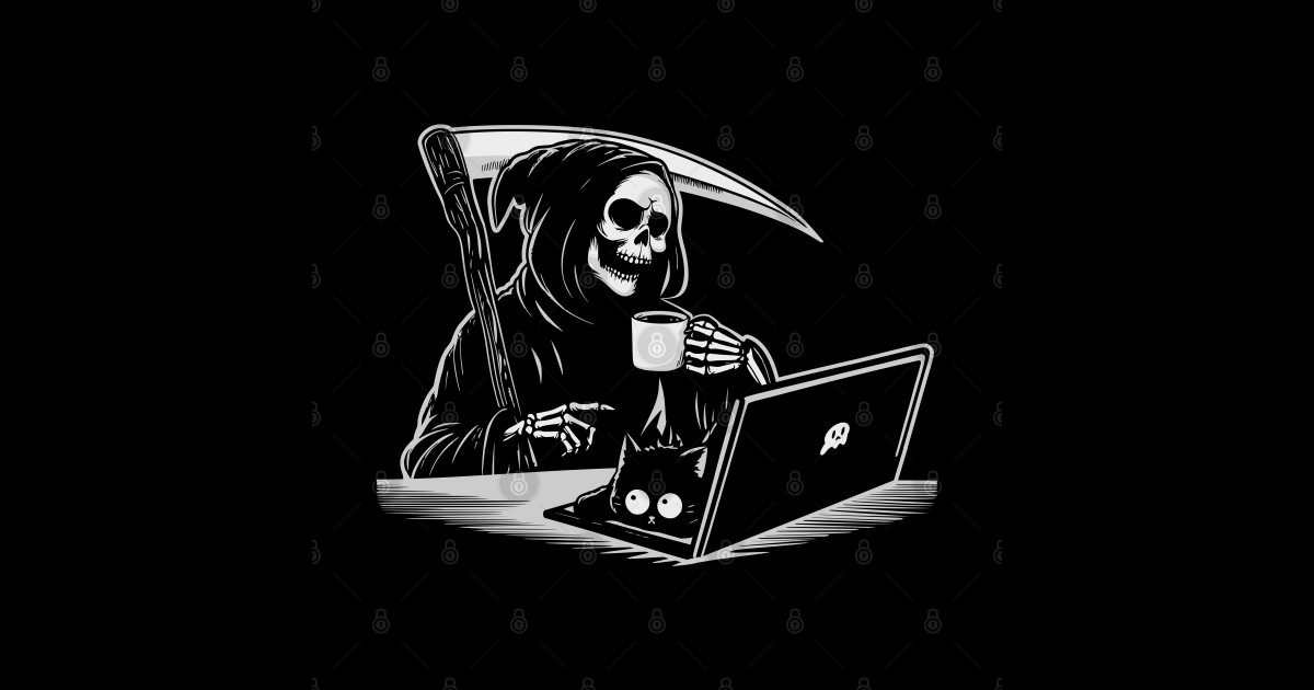Grim reaper, coffee and cat - Grim Reaper Funny - Sticker | TeePublic