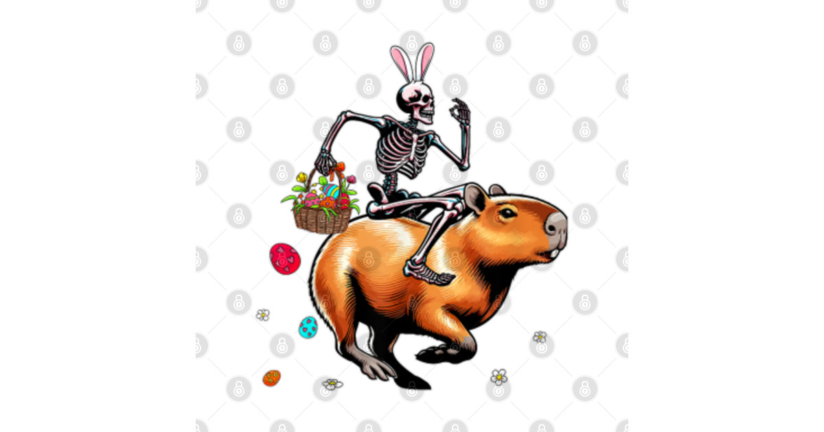 Bunny Skeleton Riding Capybara Easter Eggs Basket Colorful - Skeleton ...