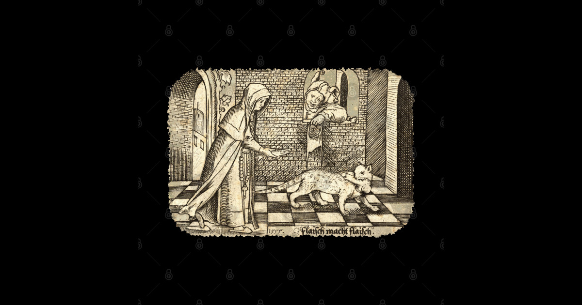 Nun tempting a cat with a fish - Medieval - Tapestry | TeePublic