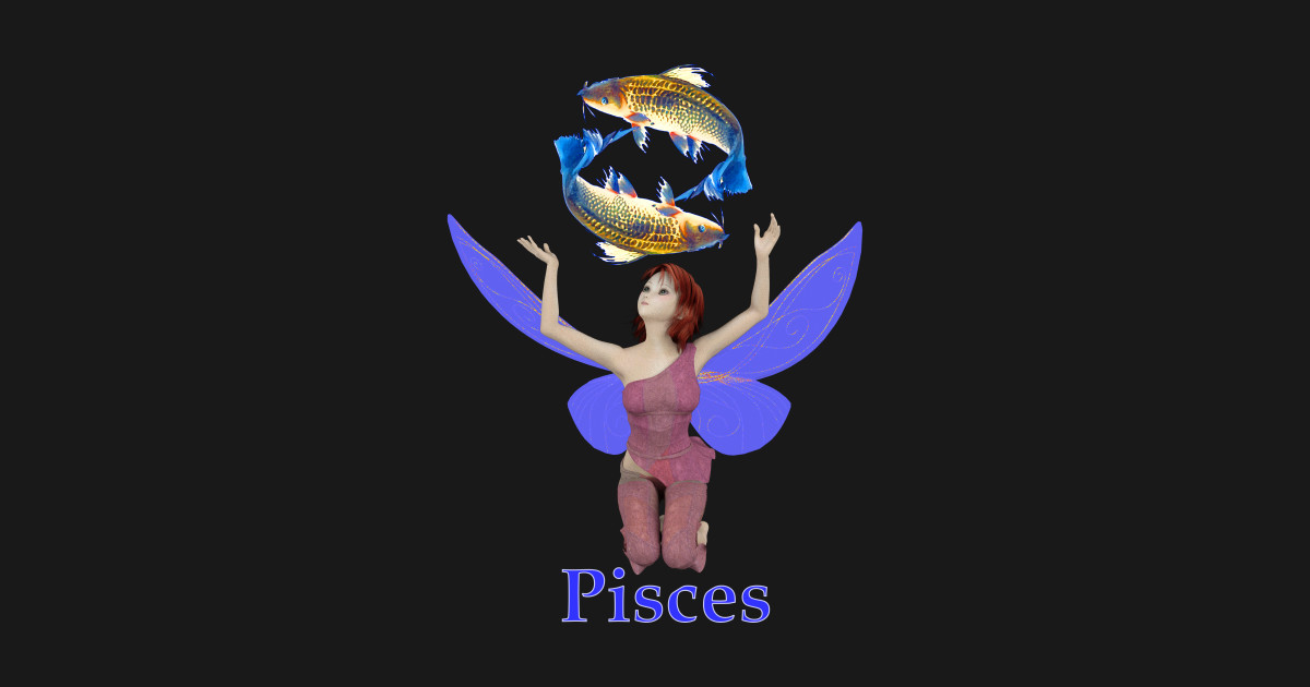Pisces fairy girl gazing at spinning twin fish - Pisces Girl - T-Shirt | TeePublic
