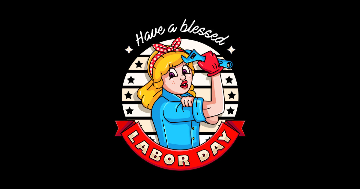 Labor Day. Retro cartoon lady showing off muscles while holding a ...