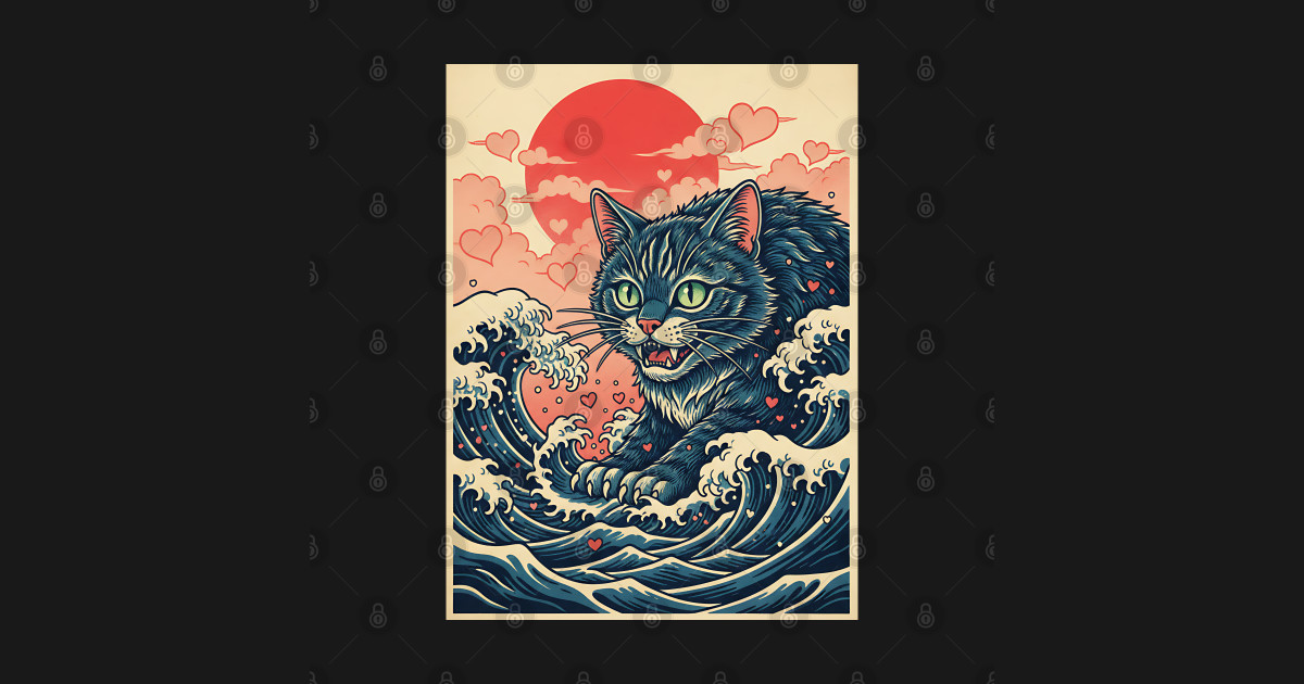 Japanese Valentine Cat Kaiju Ukiyo-e Art - Japanese Cat - T-Shirt ...