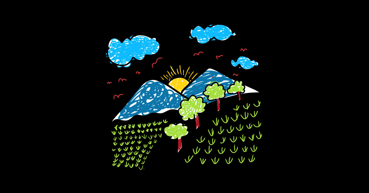 Mountain and Field Doodle Art - Kid Drawing - Sticker | TeePublic