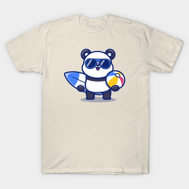 Cute Panda Holding Surfboard And Summer Ball - Beach - T-Shirt | TeePublic