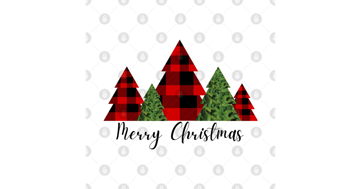 Merry Christmas in Cursive with five Pine Trees - Buffalo Plaid - T ...