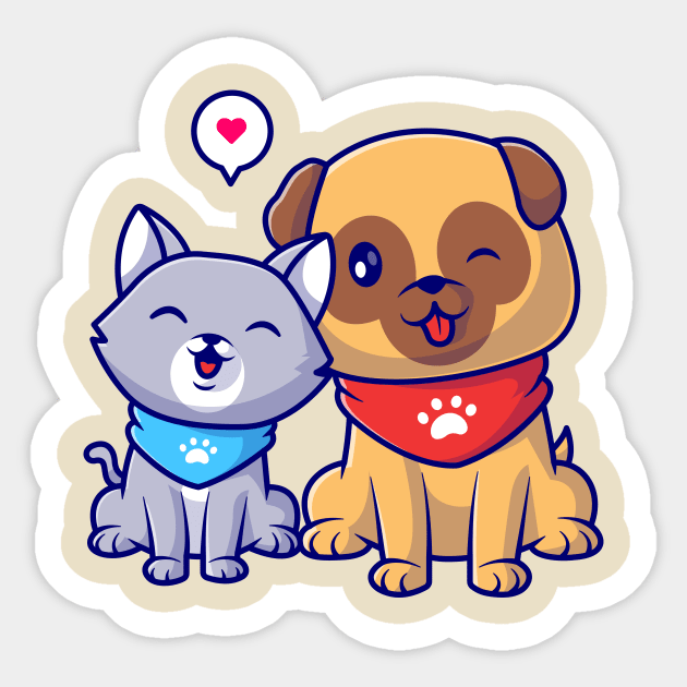Cute Pug Dog And Cute Cat Siting Together Cartoon - Cute Pug Dog And ...
