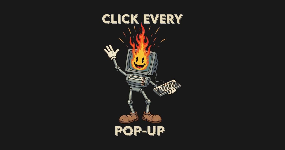 Click Every Pop-Up Retro Computer Robot with Smiley Face On Fire Head ...