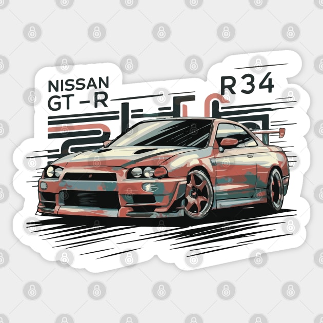 Nissan GTR R34 Vintage Car - Nissan Gtr R34 - Sticker | TeePublic