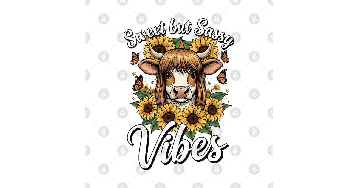Sweet But Sassy Vibes with Cow and Sunflowers Artwork Funny - Sweet But ...