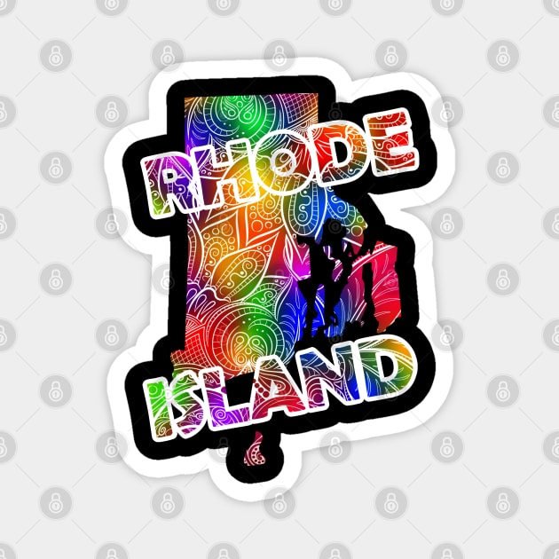 Colorful mandala art map of Rhode Island with text in multicolor ...