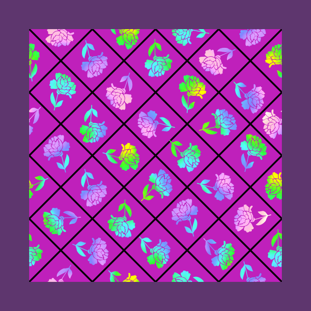 Window Pane Diagonal Floral Black Line on Magenta - Flowers - T-Shirt ...