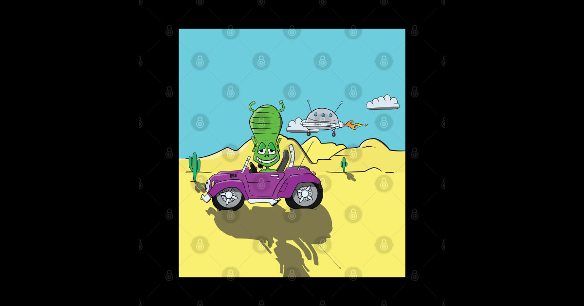 Alien driving a Purple Car in the Desert Landscape with UFO - Alien ...