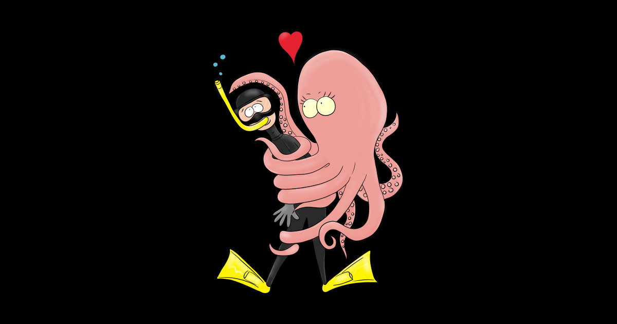 Funny octopus hugs diver cartoon humour - Octopus - Sticker | TeePublic