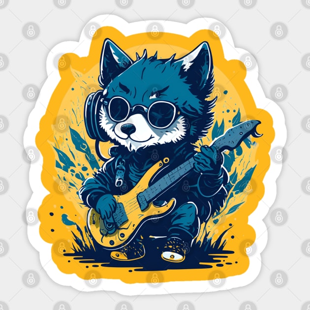 Quirky baby wolf playing electric guitar - Baby Wolf - Sticker | TeePublic
