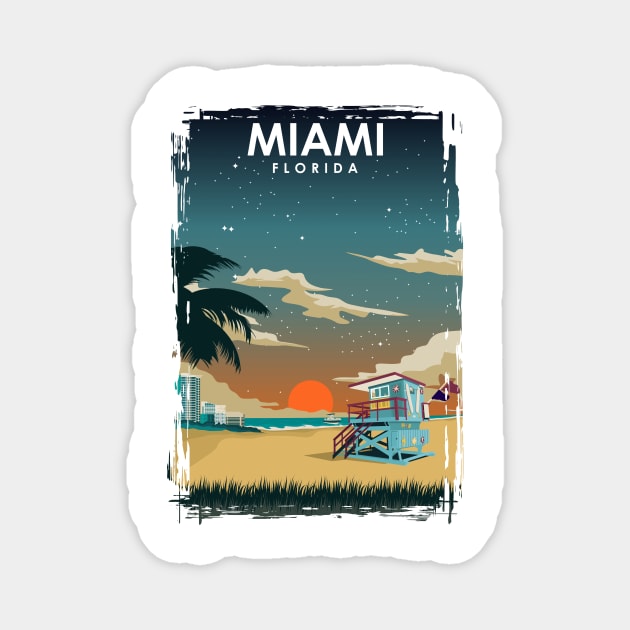 Miami Florida at Night Vintage Minimal Retro Beach Travel Poster ...