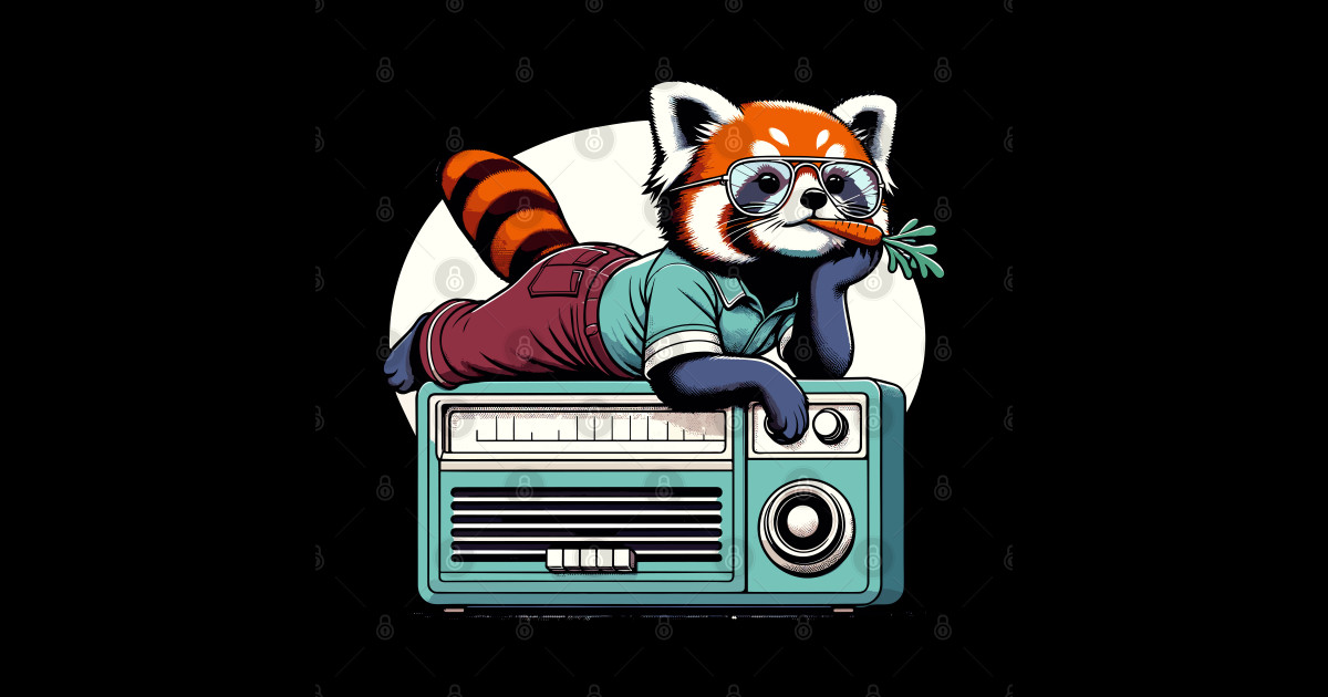 70s red panda eating carrot while sitting on vintage radio - Redpanda ...
