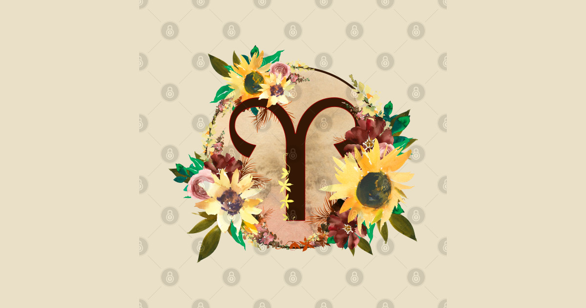 Aries Zodiac Horoscope Maroon and Sunflower Floral Monogram - Aries - T ...