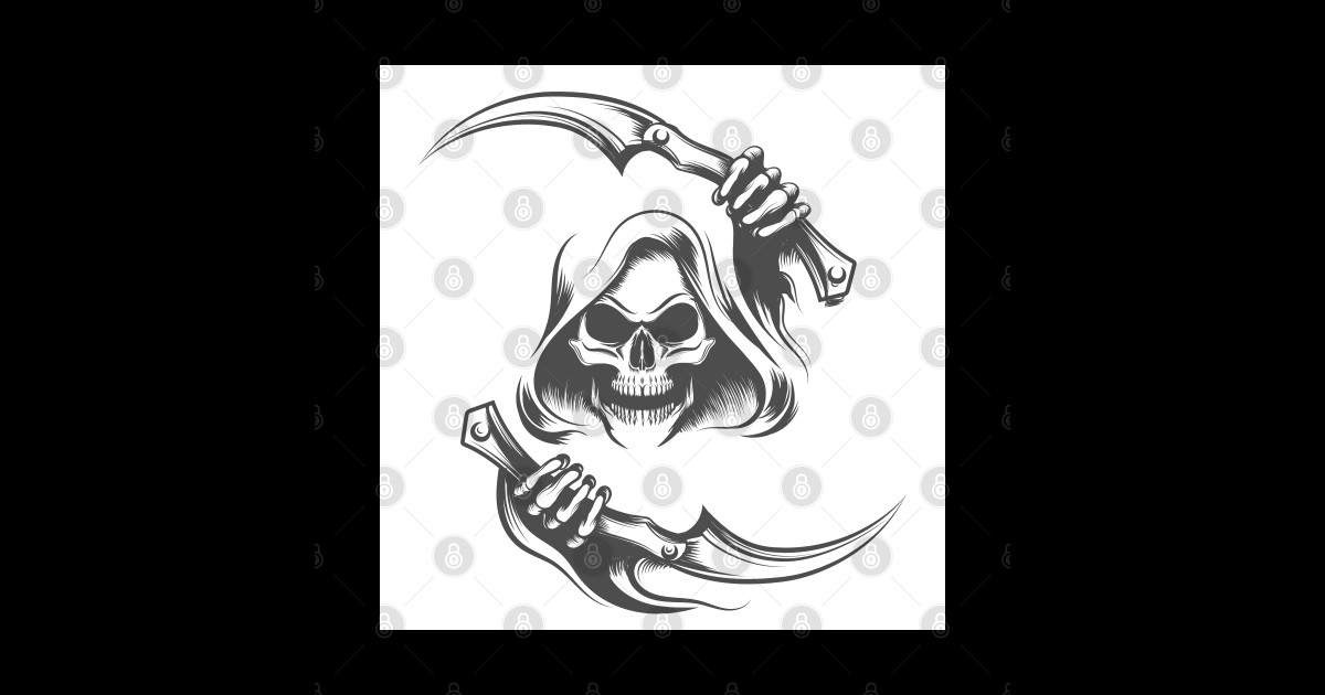 Skull in the Hood with Two Scythes Tattoo - Death - Sticker | TeePublic