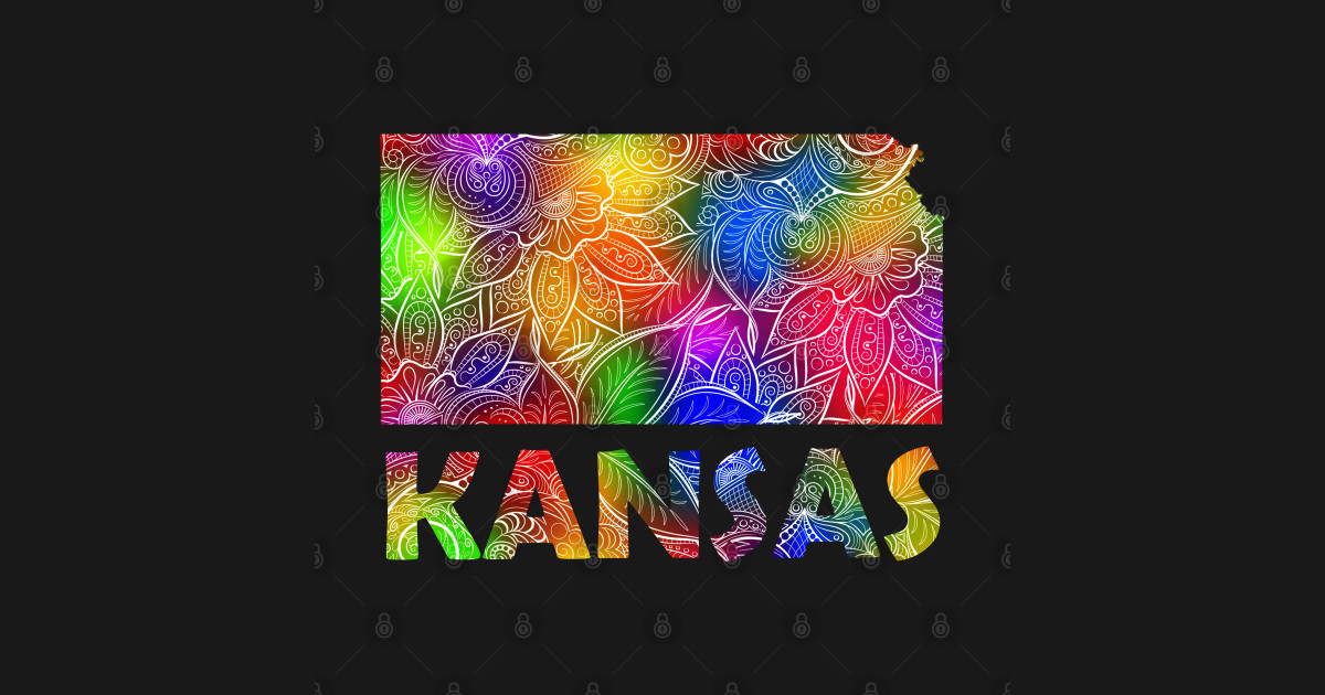 Colorful mandala art map of Kansas with text in multicolor pattern ...