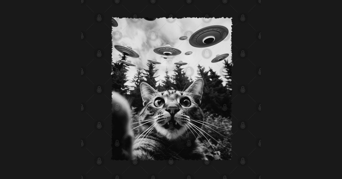 Invasion Meme Retro Alien Cat UFO Selfie - Cat Ufos - T-Shirt | TeePublic