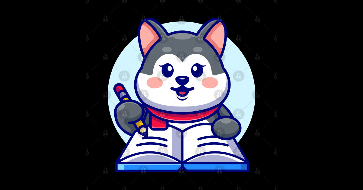 Cute husky writing on book with pencil cartoon - Cartoon - Sticker ...