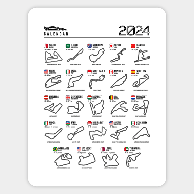 Schedule Formula Racing Cars 2024 - Race Tracks - Sticker | TeePublic