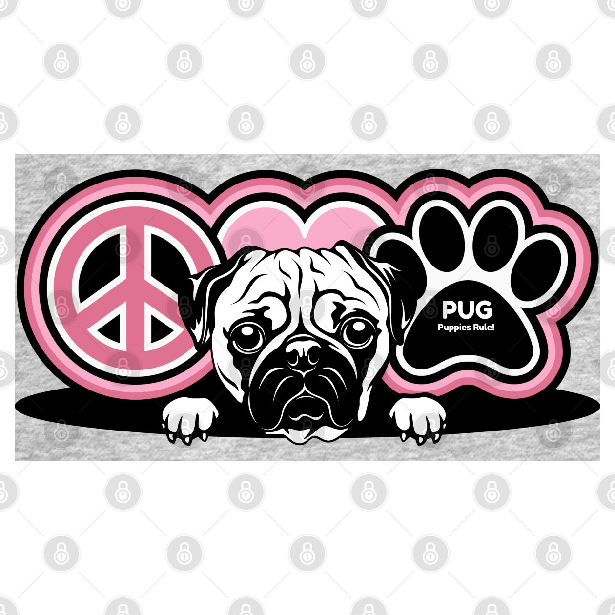 Puppies Rule Pug Dog Breed Peace Love Paw Cartoon - Pug - T-Shirt ...