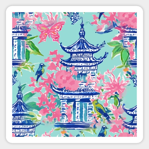 Preppy bubble gum pink and turquoise chinoiserie garden - Preppy ...