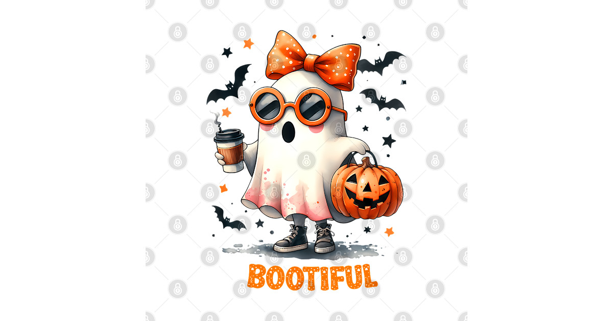 Boo Jee Ghost Drinking Coffee Coquette Bow Halloween - Boo Jee - T ...