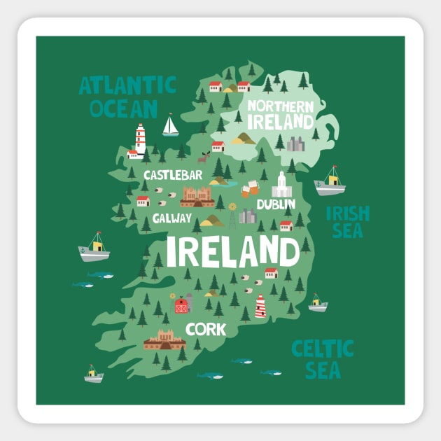 Ireland Illustrated Map - Ireland - Sticker | TeePublic