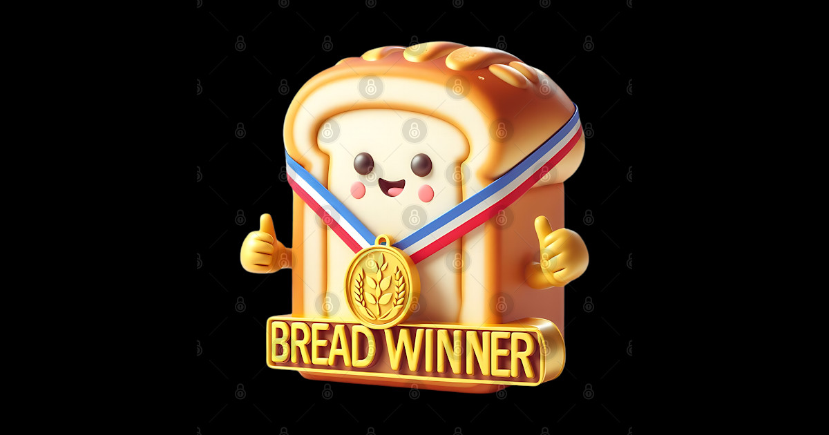 A loaf of bread wearing a gold medal with a proud smile and the text ...