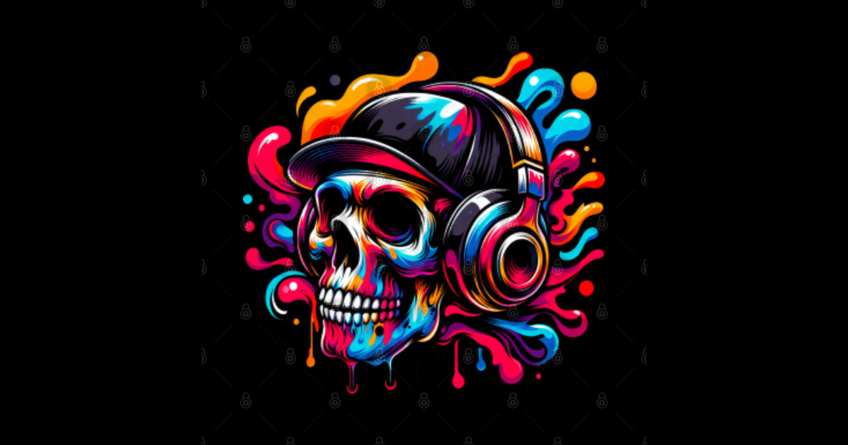 Neon Beats: Skull with Cap and Headphones - Gothic - Sticker | TeePublic