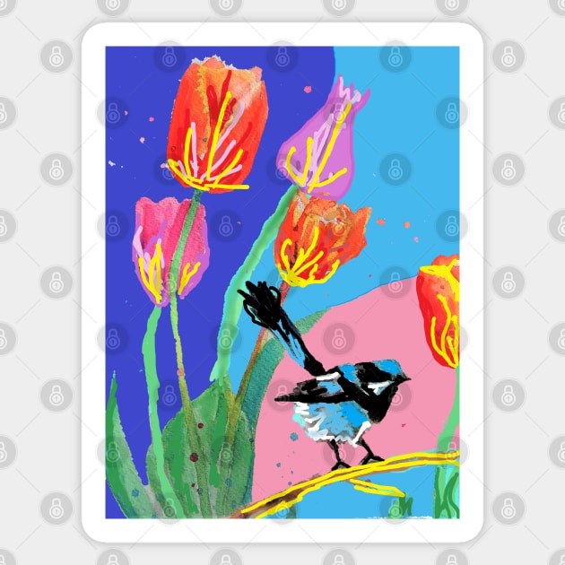 Abstract Blue Wren and Tulips Painting - on Multicoloured Navy - Blue ...