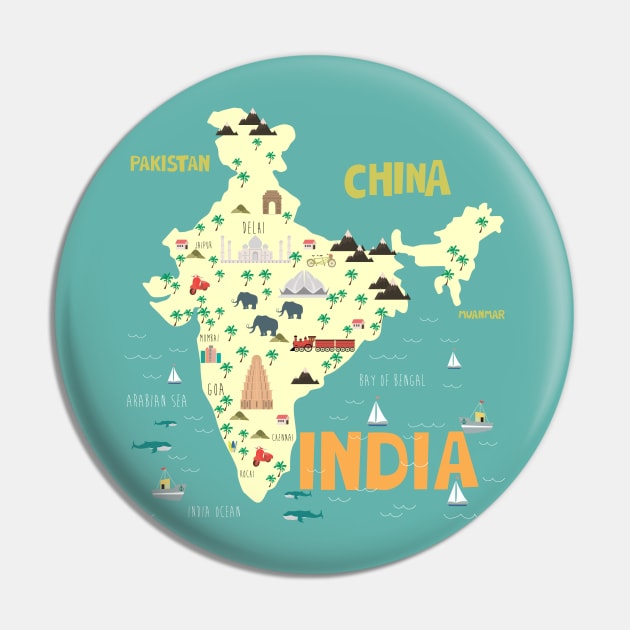 Illustrated India Map - India - Pin | TeePublic