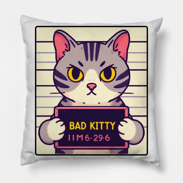 Mugshot Drawing of Bad Kitty in Jail - Mugshot - Pillow | TeePublic