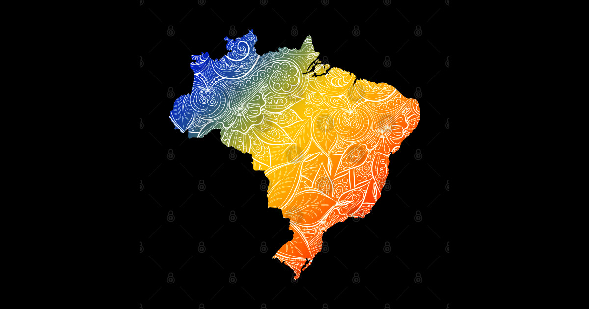 Colorful mandala art map of Brazil with text in blue, yellow, and red ...