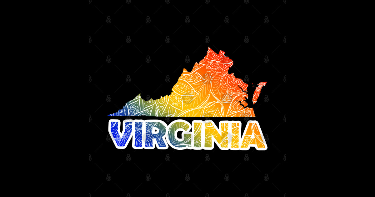 Colorful mandala art map of Virginia with text in blue, yellow, and red ...