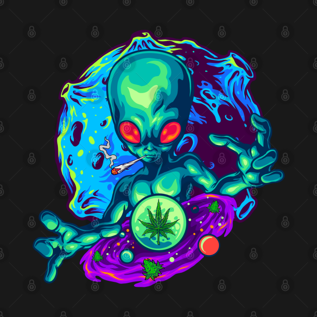 Alien smoking a joint in space looking at cannabis hologram - Stoner ...