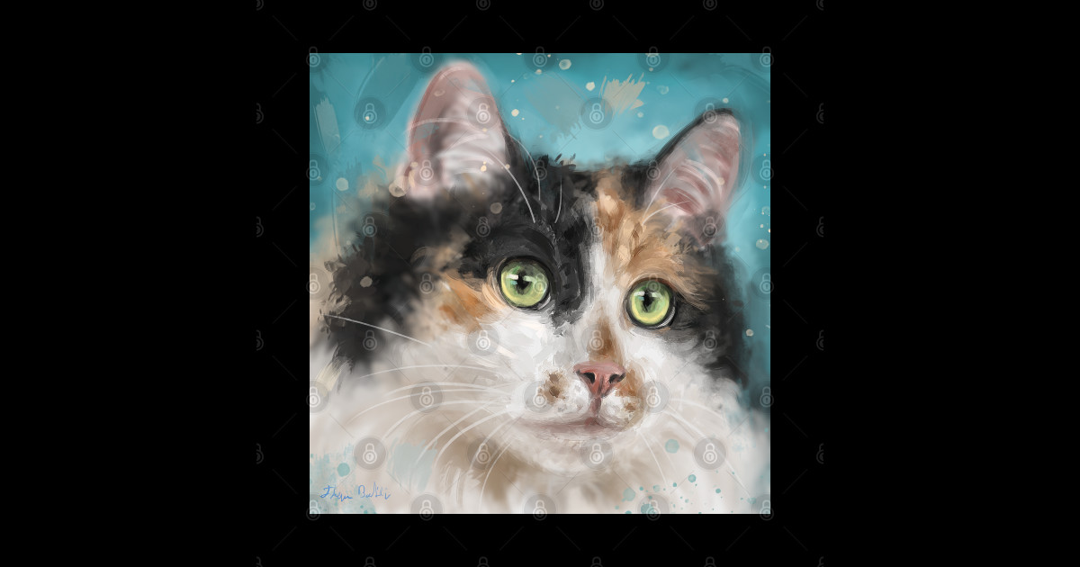 Painting of an Adorable Calico Tri-Color Cat with Gorgeous Green Eyes ...