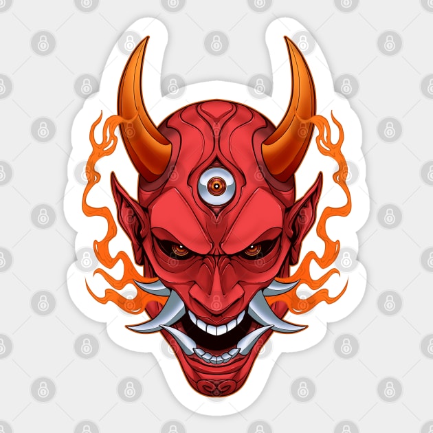 Fire Red Yokai Oni Mask - Oni Mask - Sticker | TeePublic