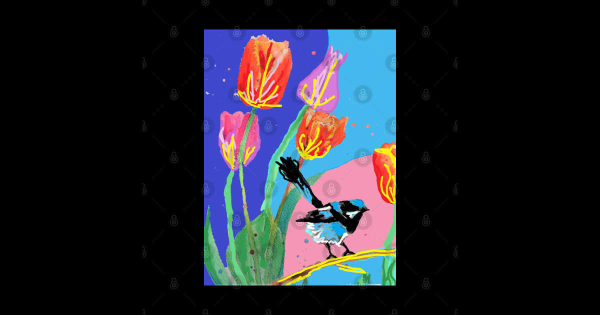 Abstract Blue Wren and Tulips Painting - on Multicoloured Navy - Blue ...